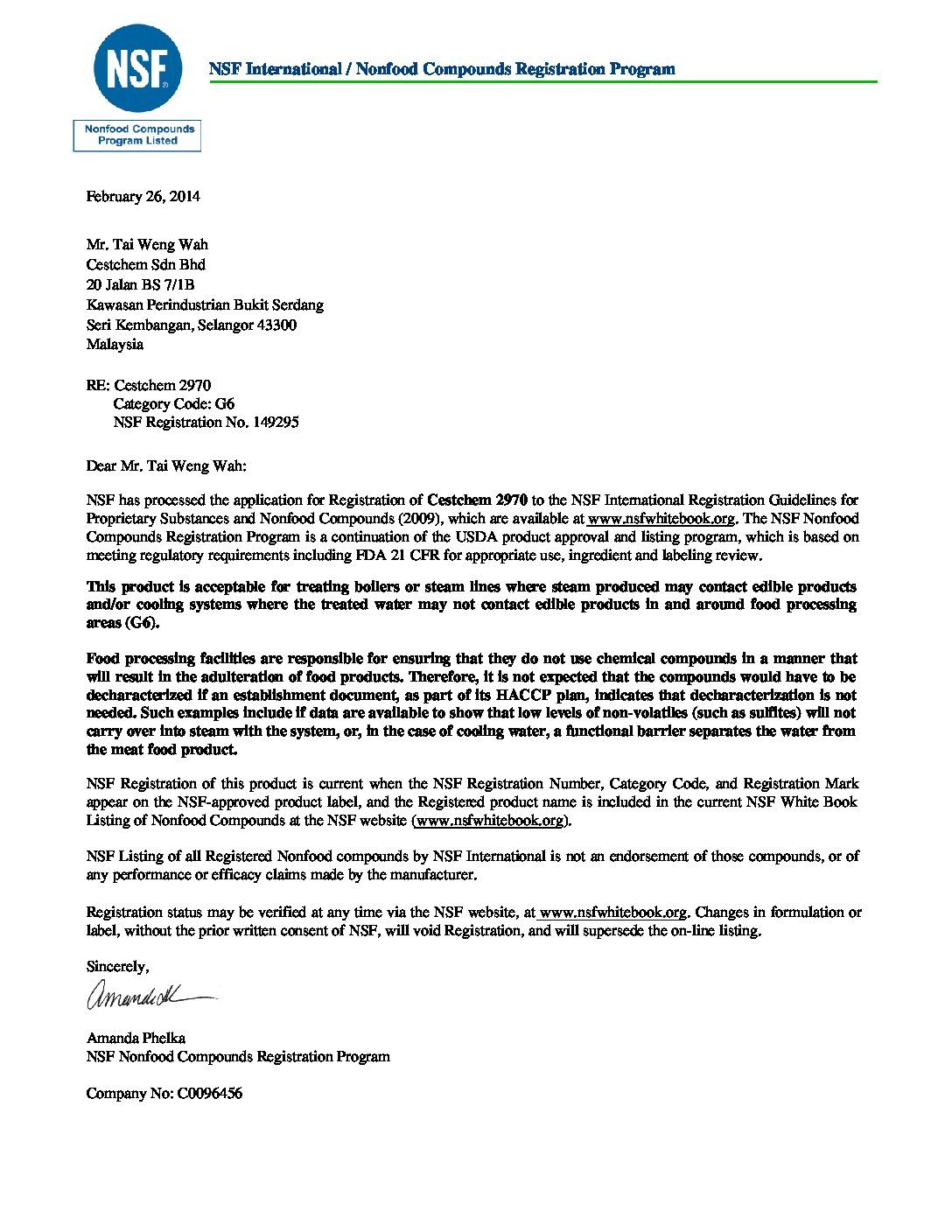 NSF Registration Letter Cestchem 2970 – NationChem Sdn Bhd